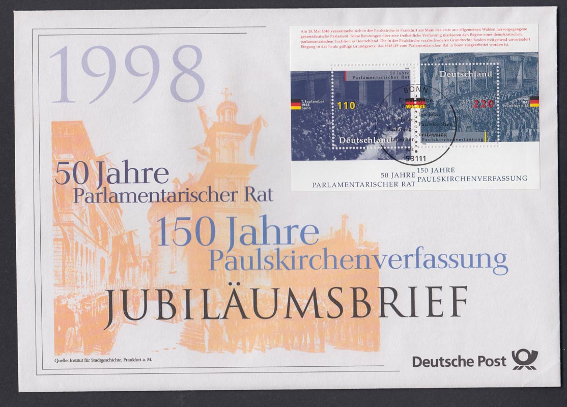 Bund Jubiläumsbrief 1998 Block 43 ESST 50. Jahre Parlamentarischer Rat ...