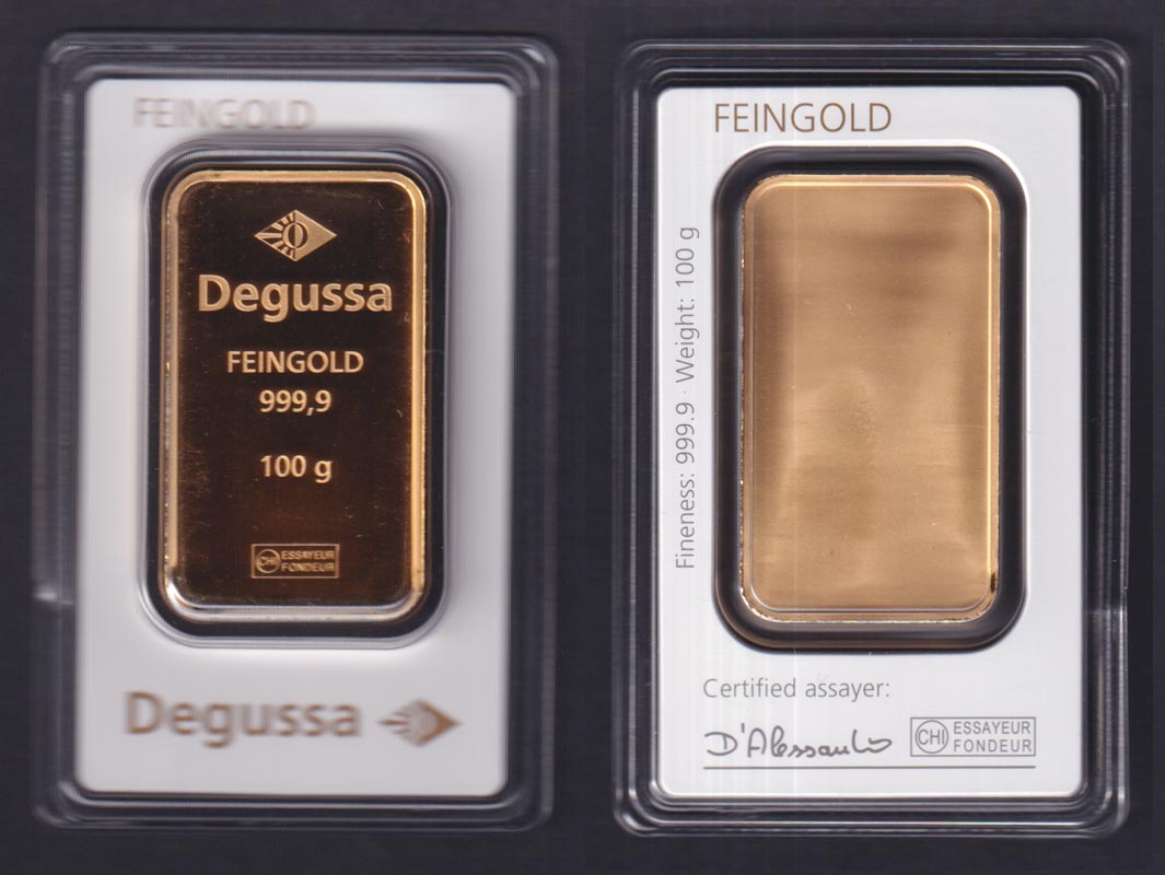 Goldbarren Degussa 100 Gramm im Blister · Philastudio Westerwald GmbH